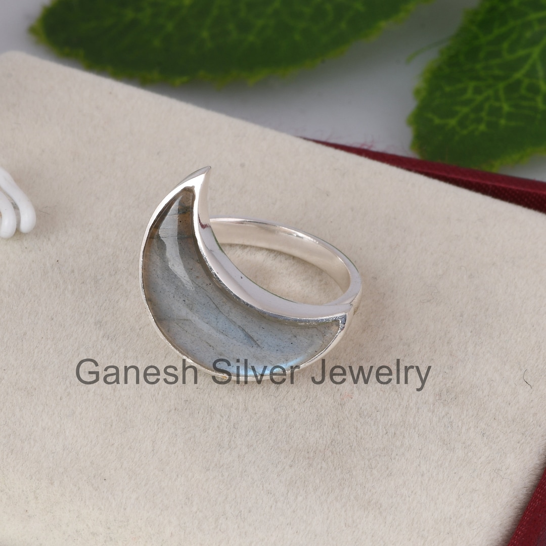 Labradorite Moon Ring Silver Moon Ring Cresent Moon Natural - Etsy
