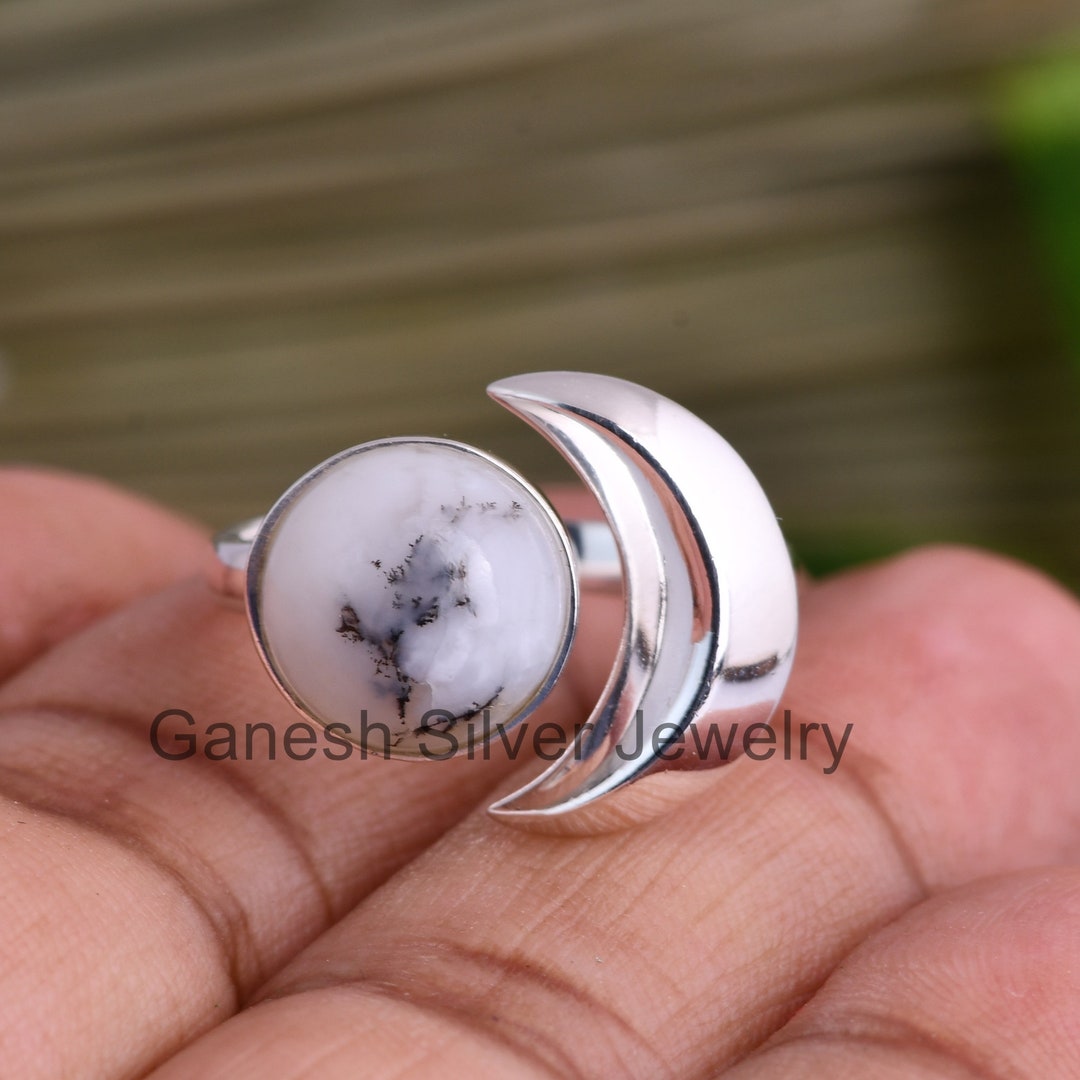 Rare White Dendrite Gemstone Ring Unique Moon Ring 925 - Etsy