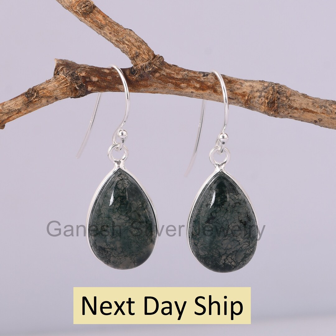 925 Silver Ear Wire Earring, Natural Moss Agate Earrings, Dangle ...