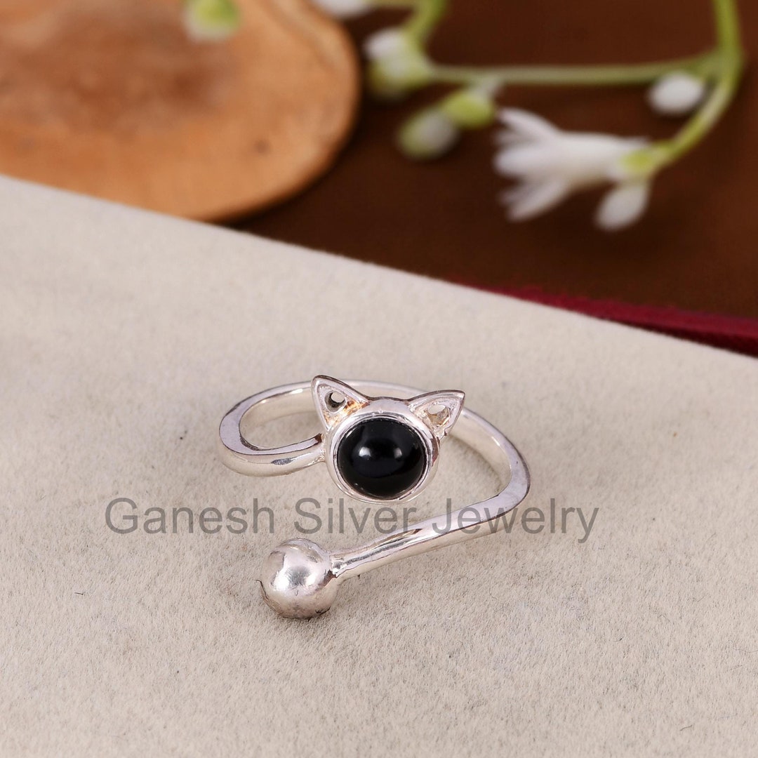 Beautiful Black Onyx Cat Ring, Fine 925 Sterling Silver Ring, Cat Face ...