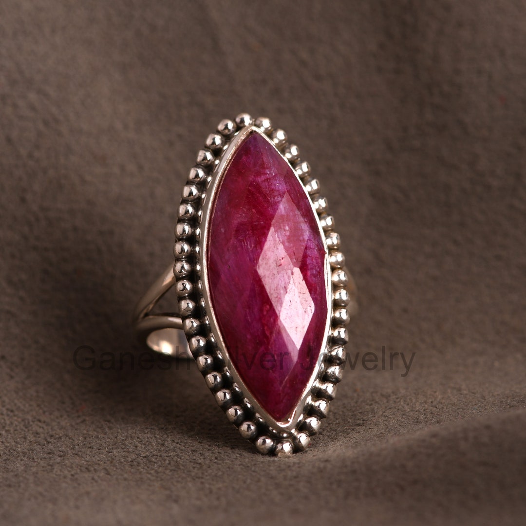 Classic Marquise Shaped Ruby Gemstone Ring, 925 Sterling Silver Ring ...
