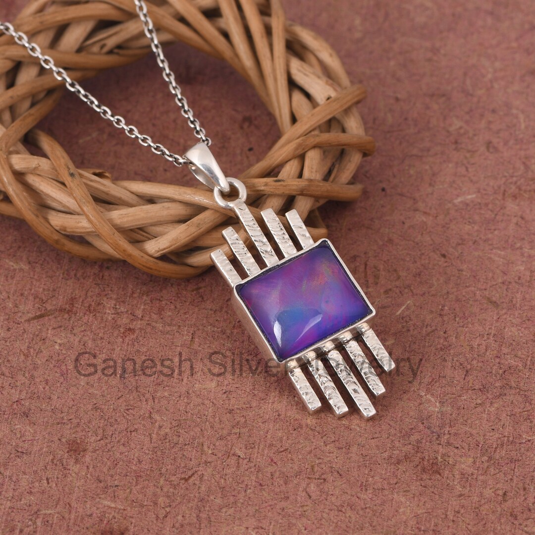 Rare Blue Aurora Opal Necklace, Oxidized Plated Gemstone Necklace, 925 ...