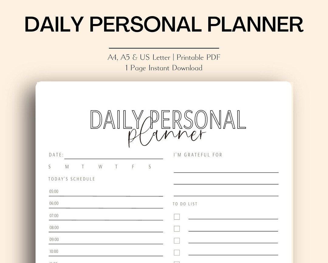 Daily Personal Planner Printable A4, A5, US Letter & Half Letter Sizes ...