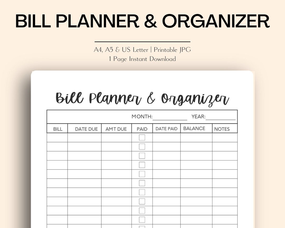 Bill Planner and Organiser Printable | A4, A5, US Letter & Half Letter ...