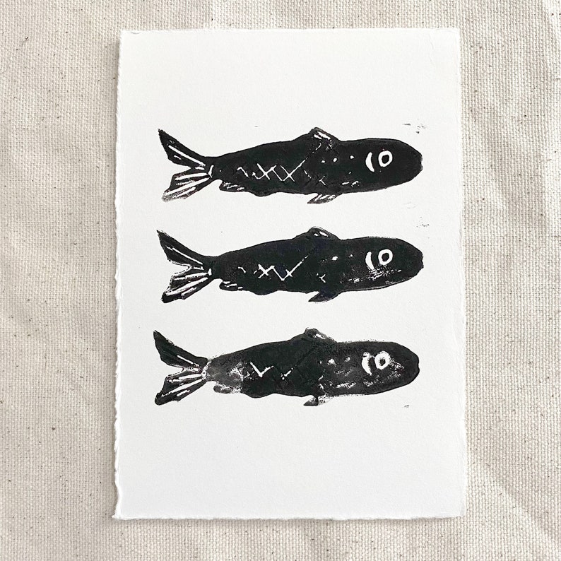 Fishy Lino Print A6 hand-printed Black Ink Prints Deckled Edge Journal ...