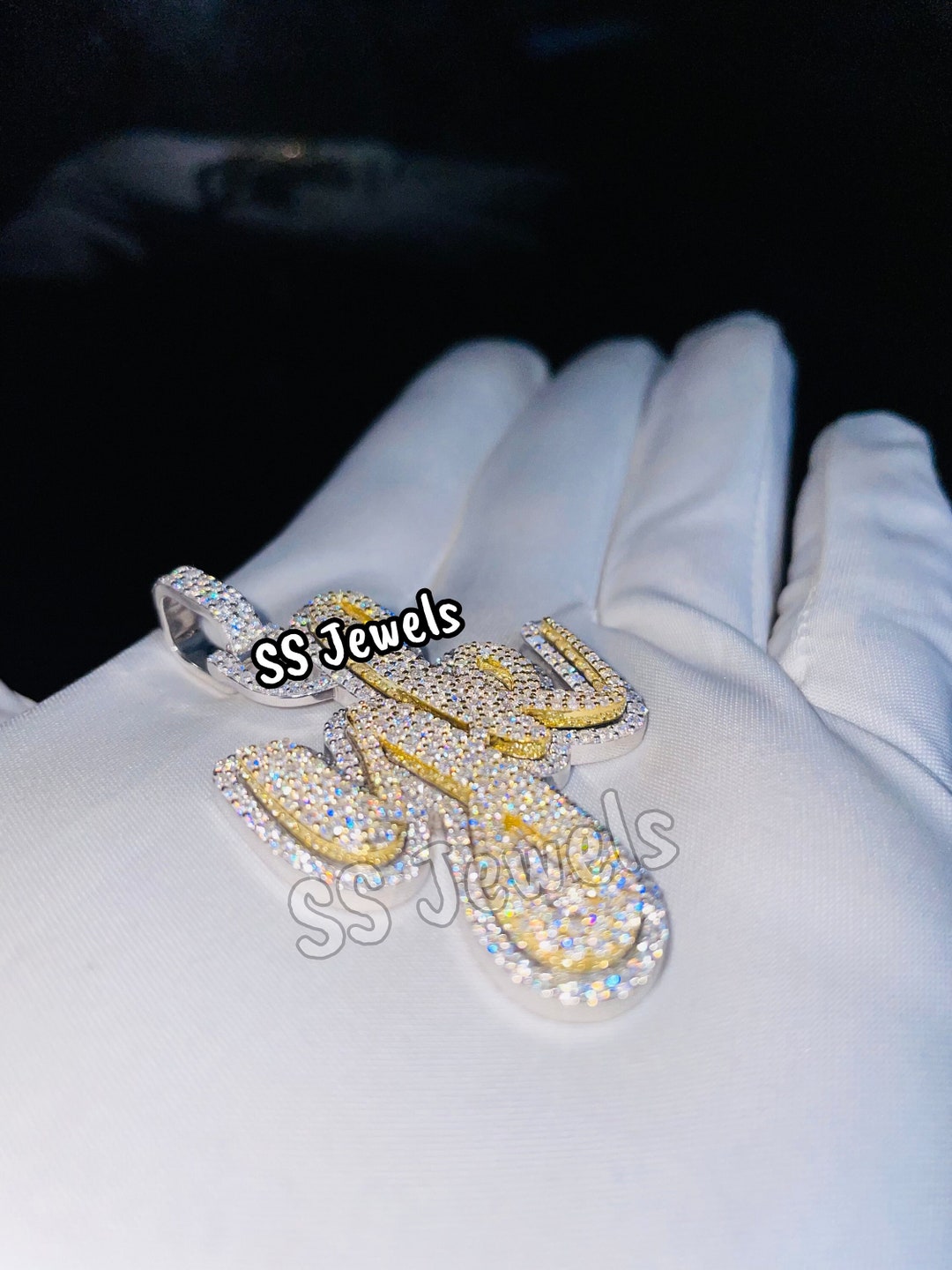 Fully Iced Out Moissanite Cursive Letter Hip Hop Custom Two Tone ...