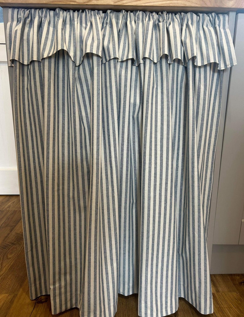 Blue Striped Under Counter Curtain With Ruffle, Cupboard Drape or Sink ...