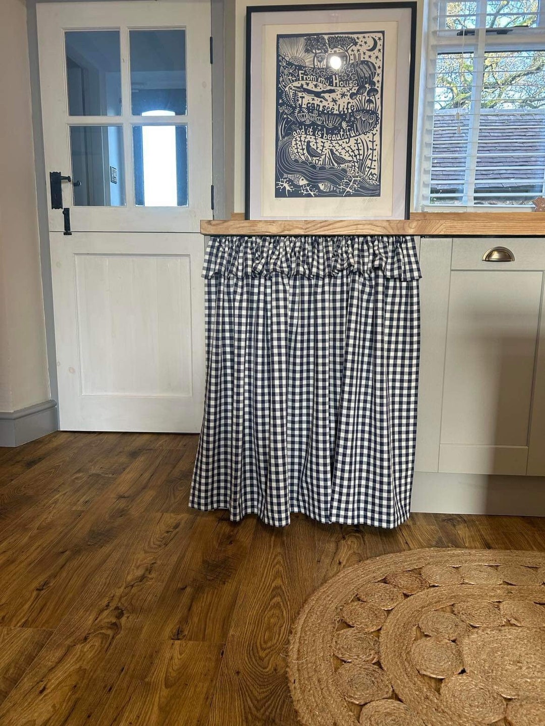 Gingham Hideaway Curtain in Blue With Frill, Cupboard Curtain, Kitchen ...