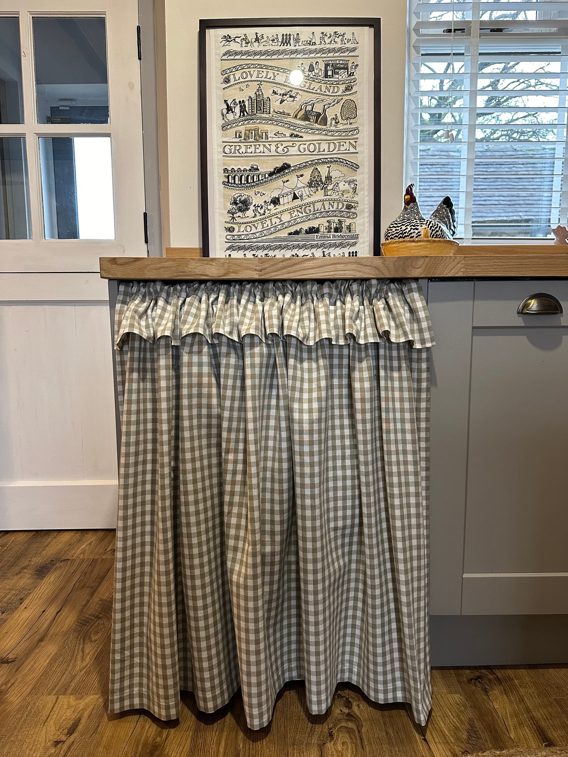 Gingham Hideaway Curtain With Frill in Beige, Cupboard Curtain, Kitchen ...