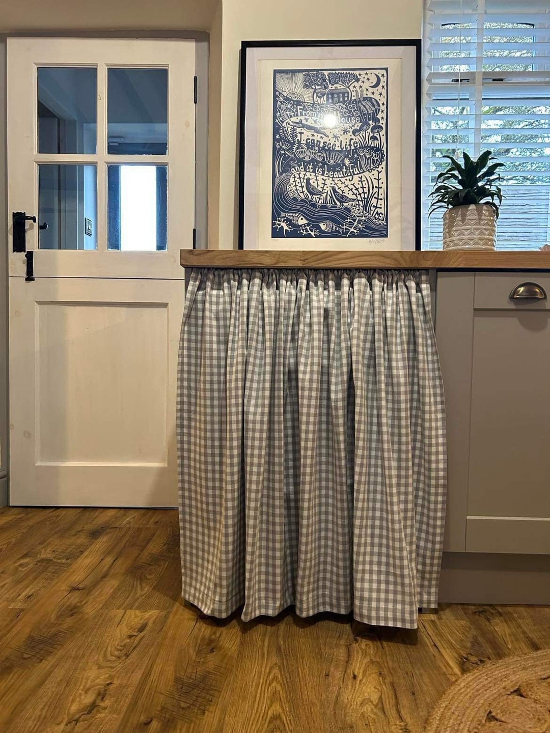 Gingham Hideaway Curtain in Grey, Curtain, Kitchen Curtain, Appliance ...