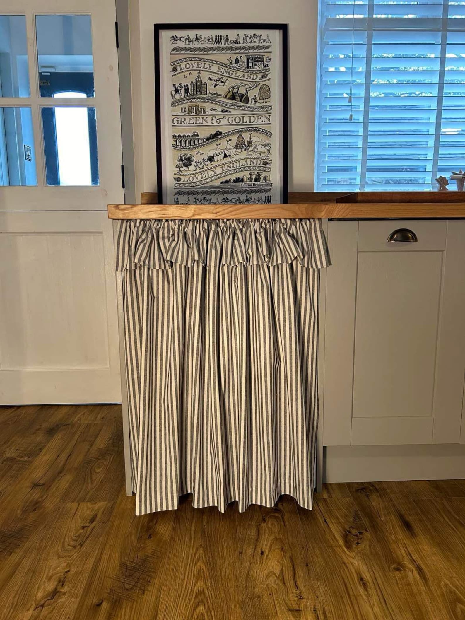 Kitchen Hideaway Curtain With Frill in Natural & Charcoal Stripe ...