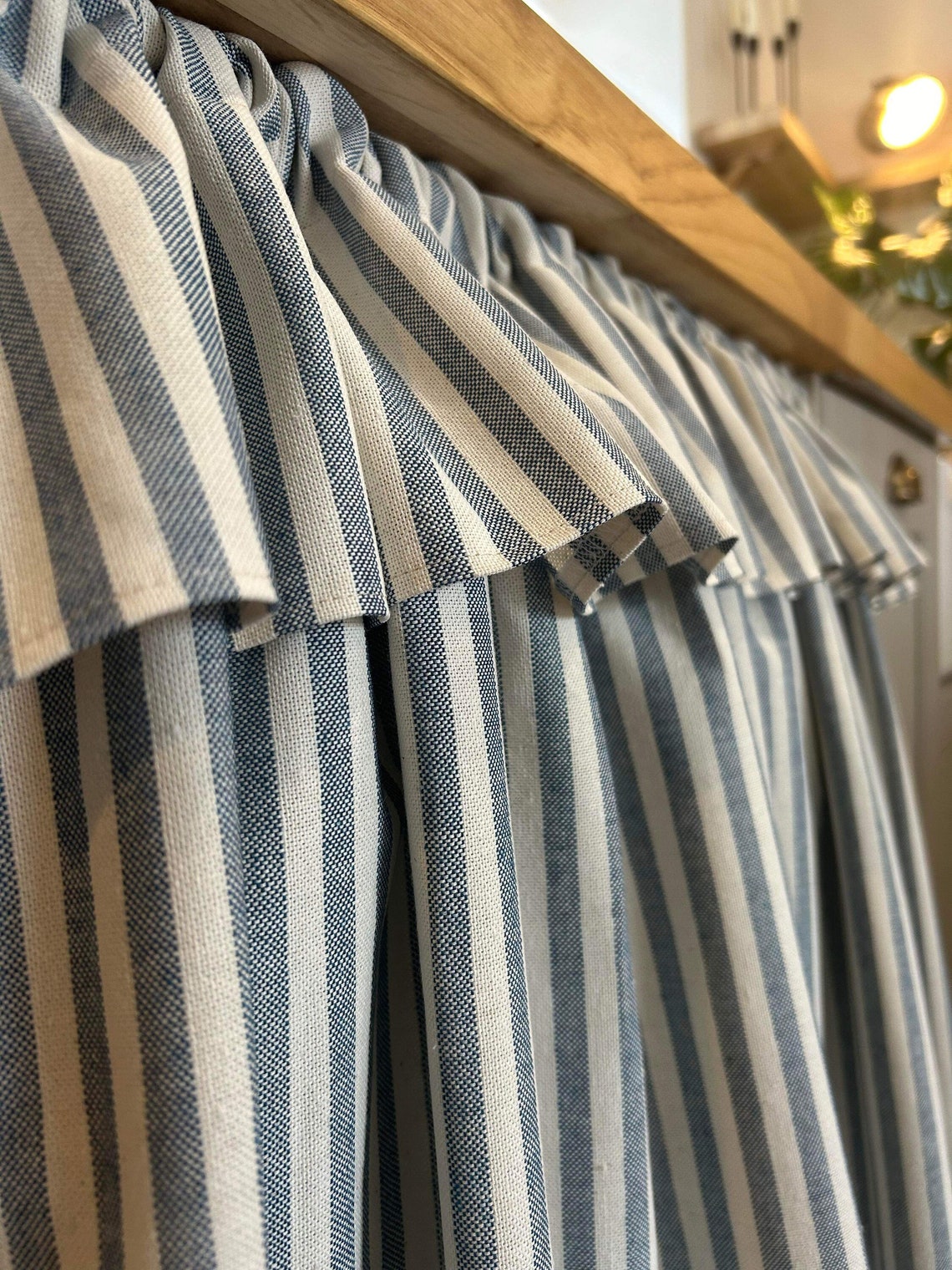 Blue Striped Under Counter Curtain With Ruffle, Cupboard Curtain or ...