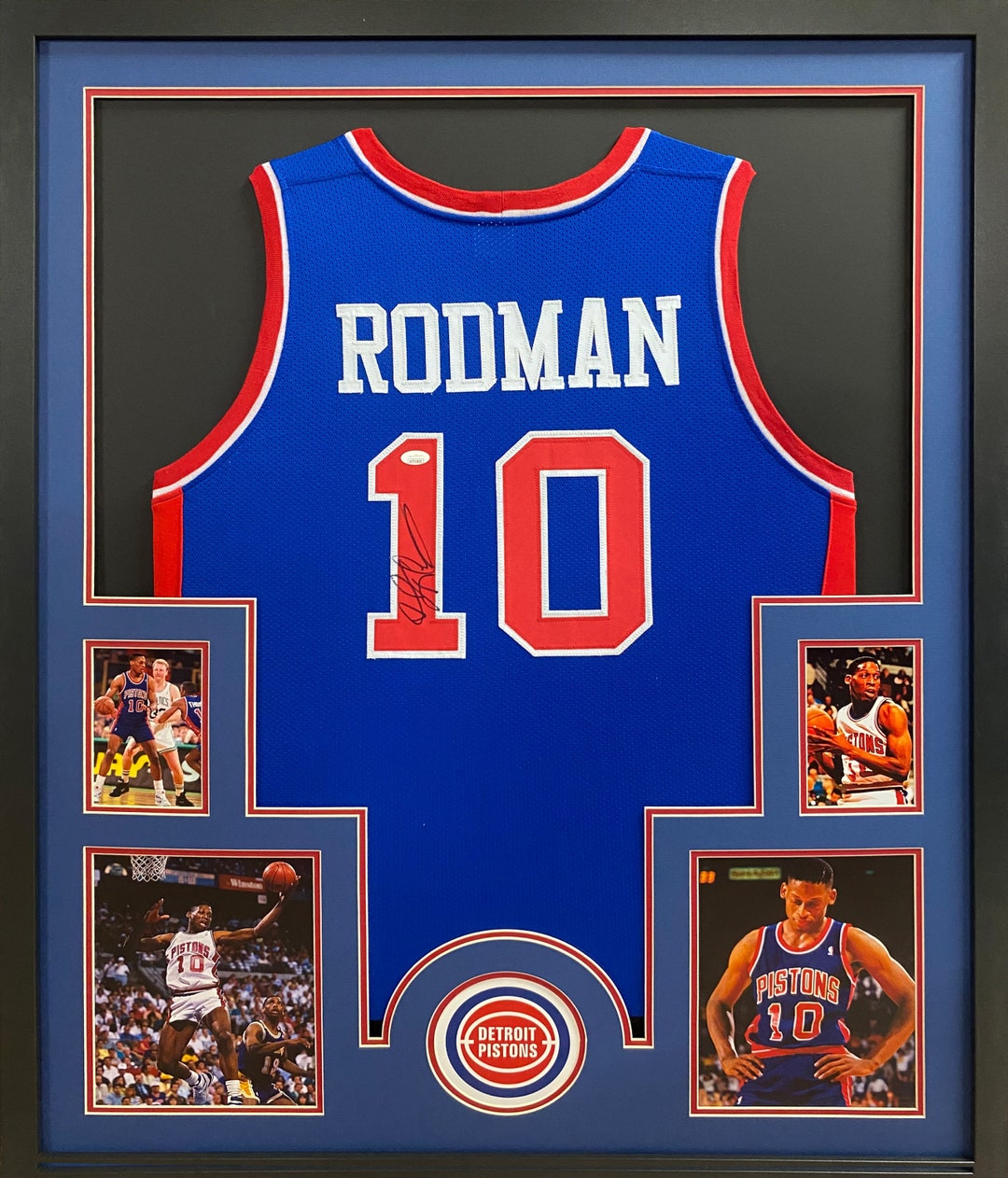 Dennis Rodman Signed Framed Blue Jersey JSA Autographed Detroit Pistons ...