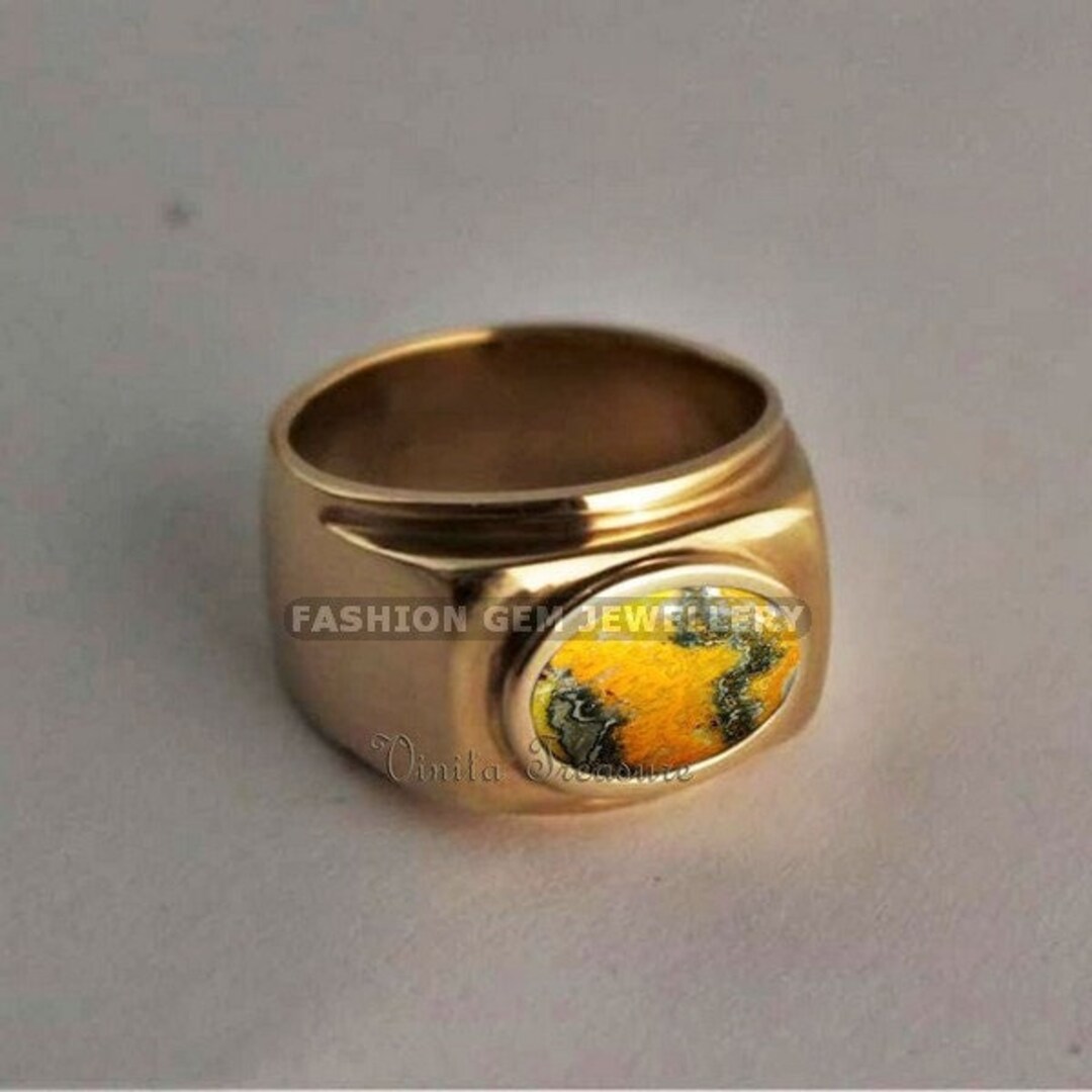 Bumblebee Jasper Gemstone Ring for Men's, 14k Gold Platted Silver Ring ...