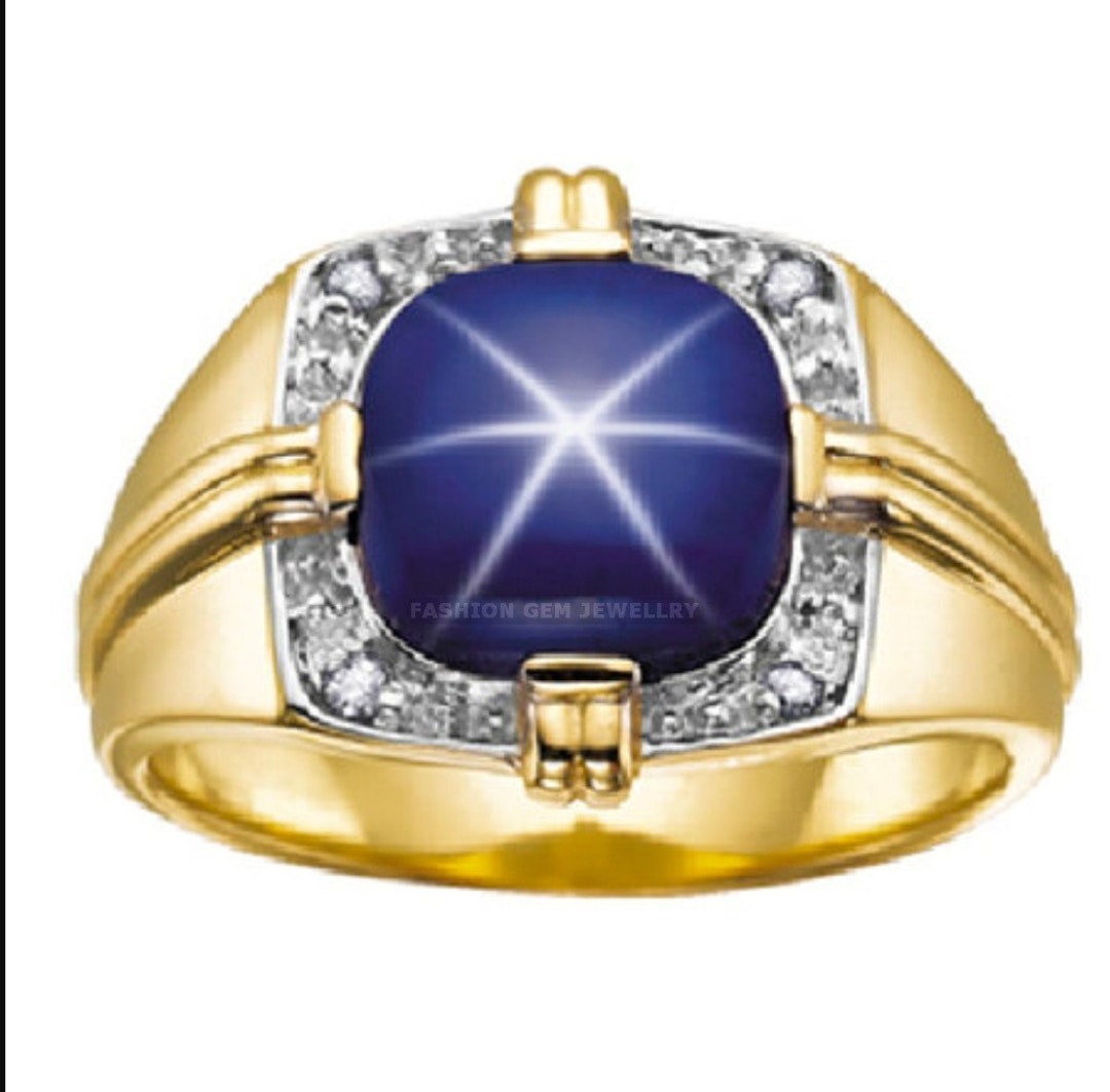 Linde Star Sapphire Ring 14k Gold Platted Silver Ring 10mm Cushion Blue ...