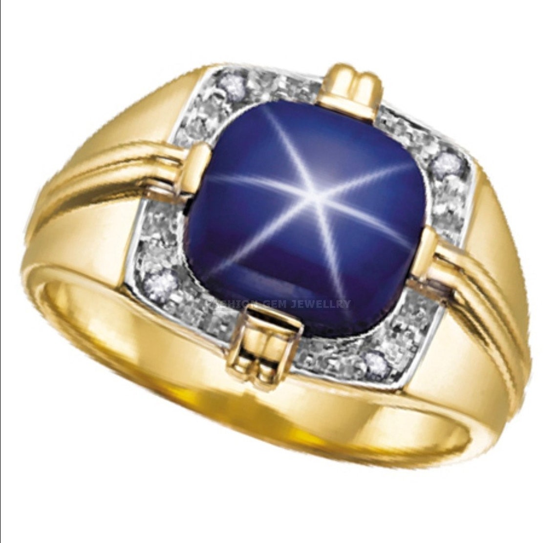 Linde Star Sapphire Ring 14k Gold Platted Silver Ring 10mm Cushion Blue ...