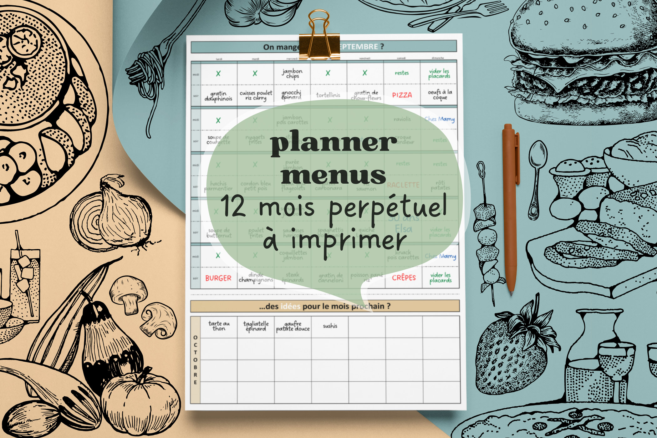 Planner Menus Mensuel à imprimer 12 pages 12 mois - Etsy France