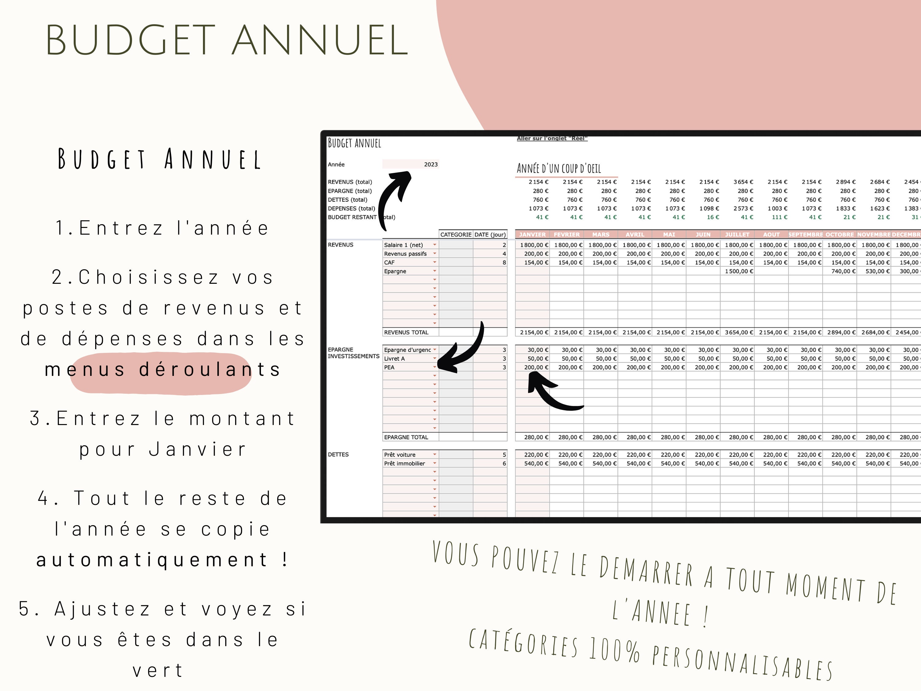 Annual Budget Spreadsheet in French, Yearly Budget Planner With 12 ...