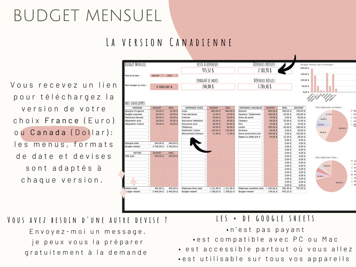 Budget Planner in French, Monthly Budget Spreadsheet in Euro and ...