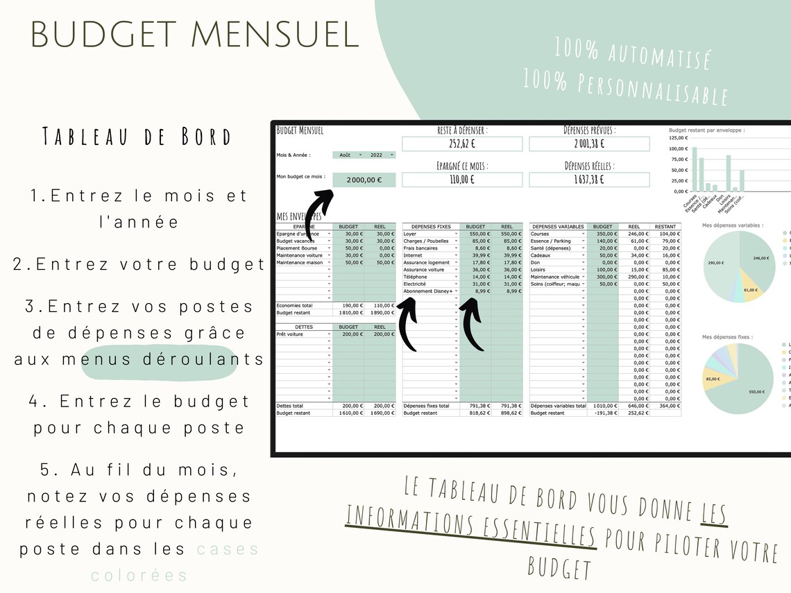 Monthly Budget Spreadsheet in French, Green Version, Cash Envelopes ...