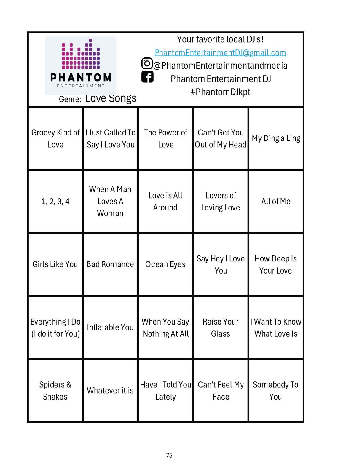 Love Songs Music Bingo INSTANT Download - Easy to Read, Printable ...