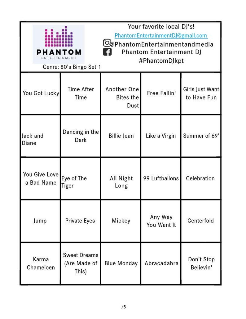 80's Music Bingo (set 1) INSTANT Download, Easy to Read, Printable ...