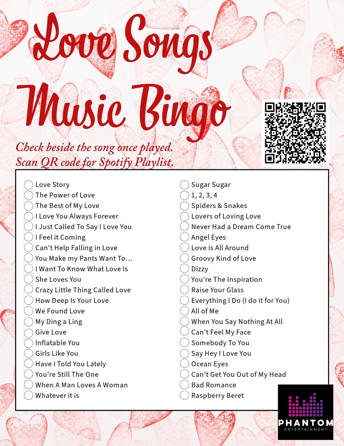 Love Songs Music Bingo INSTANT Download - Easy to Read, Printable ...