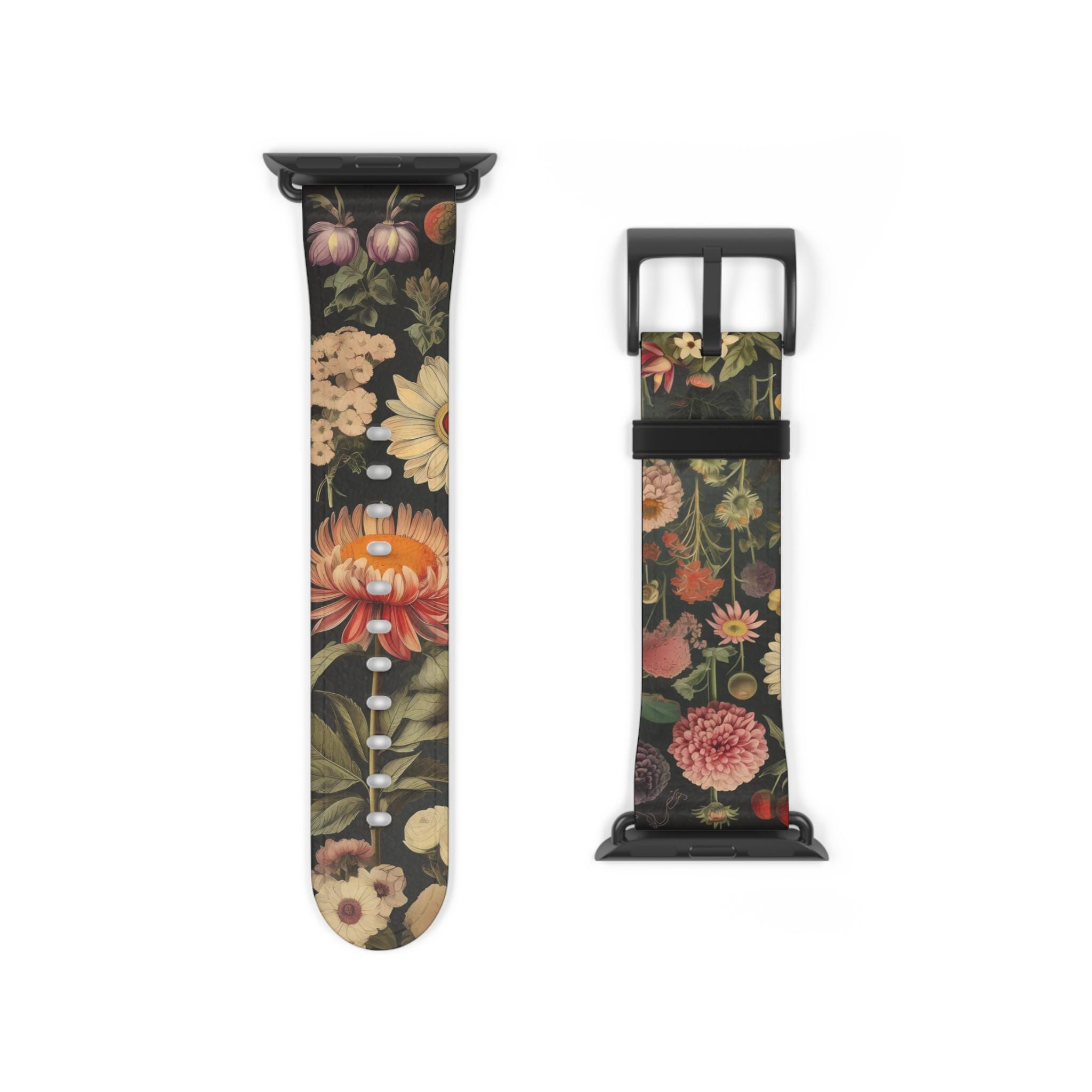 Botanical Flower Black Watch Band for Apple Watch Series 1-9, SE - Gift ...