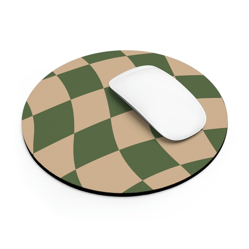 Wavy Checkered Mouse Pad, Olive Green Beige Checkerboard, Round ...