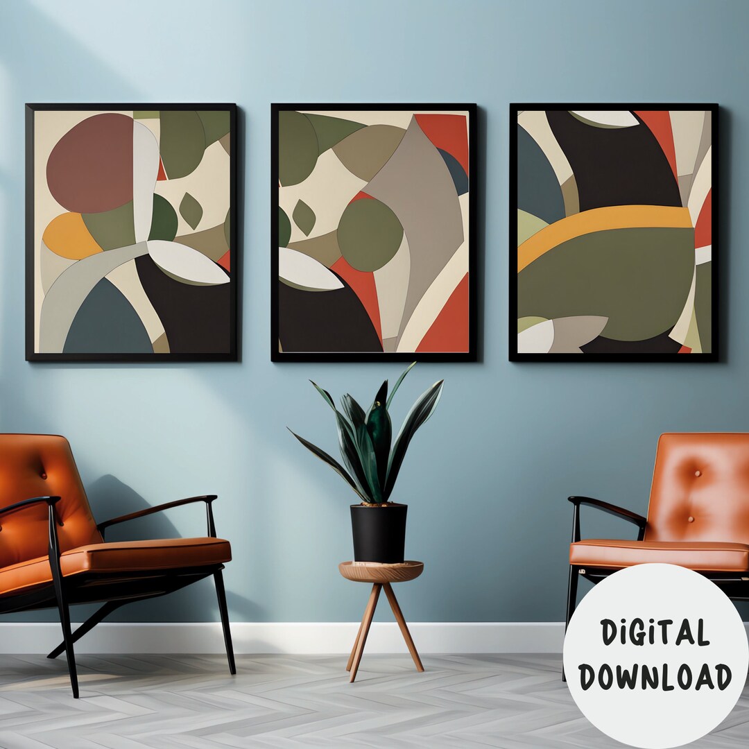 Green Art Prints, Printable Wall Art, Set of 3 Prints, Mid Century ...