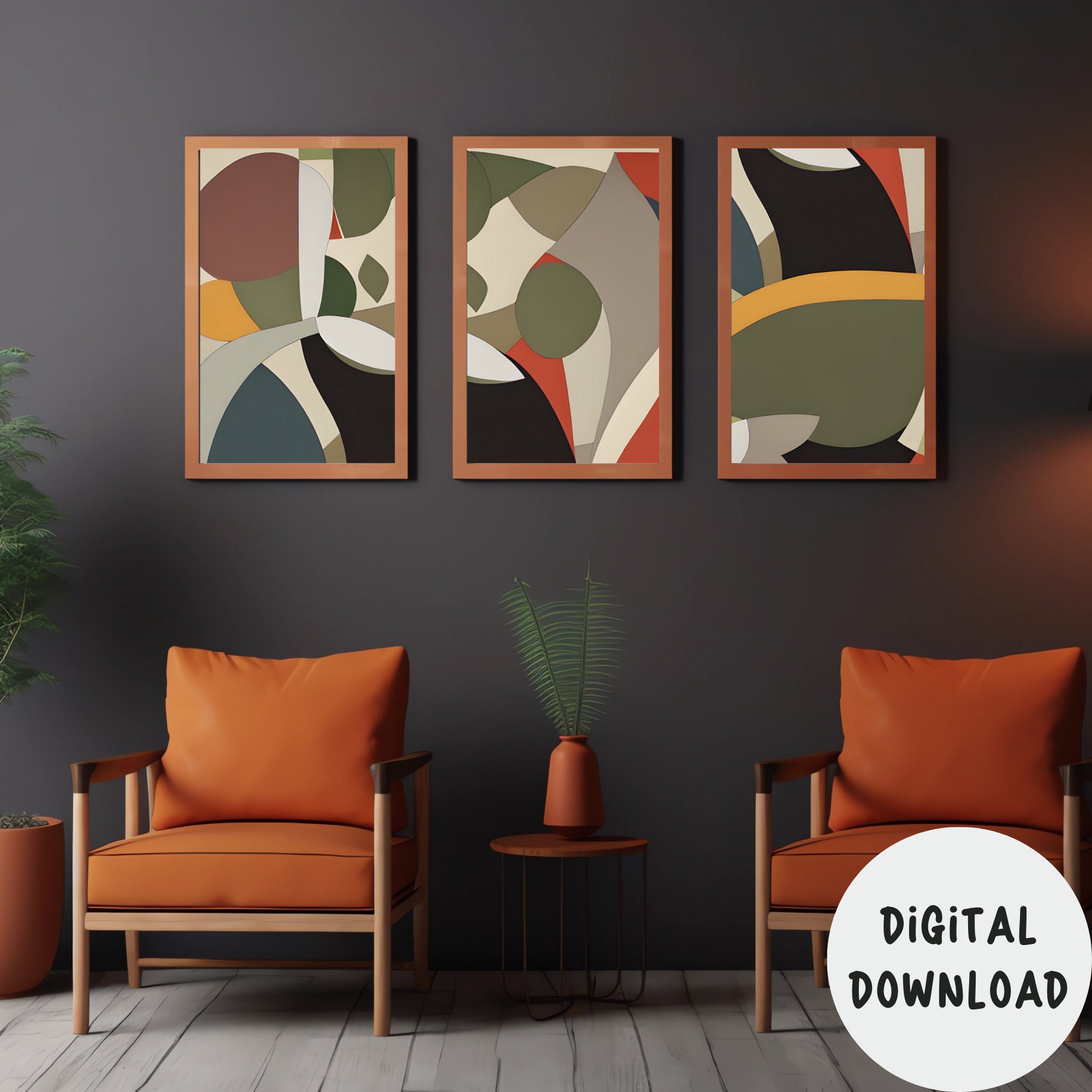 Green Art Prints, Printable Wall Art, Set of 3 Prints, Mid Century ...