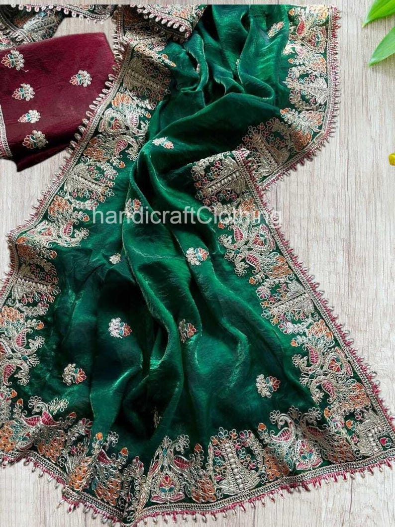 Emerald Satin Silk Saree, Floral Embroidered Border, Butti Work ...