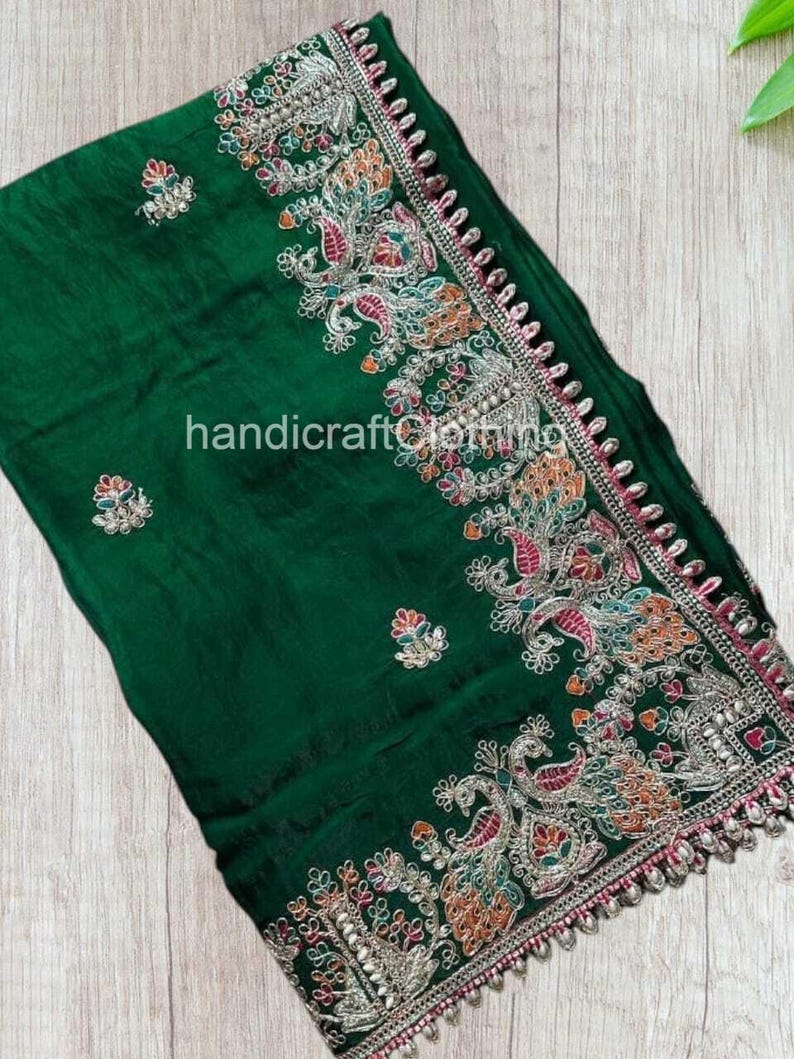 Emerald Satin Silk Saree, Floral Embroidered Border, Butti Work ...