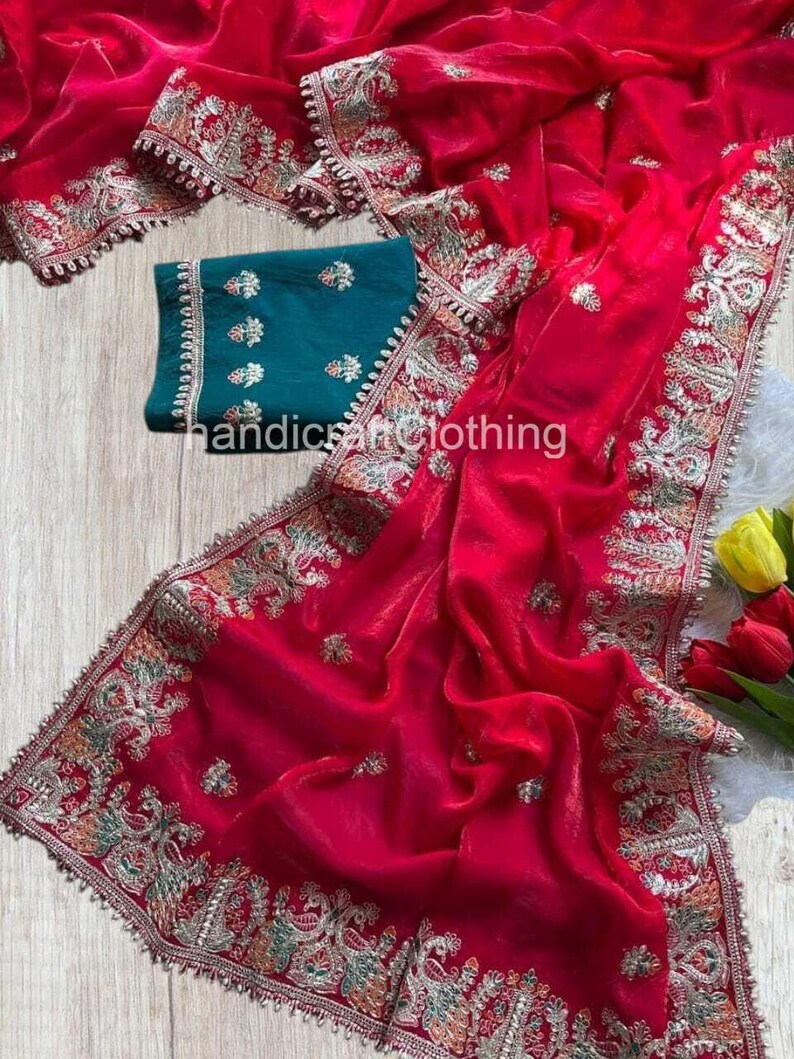 Emerald Satin Silk Saree, Floral Embroidered Border, Butti Work ...