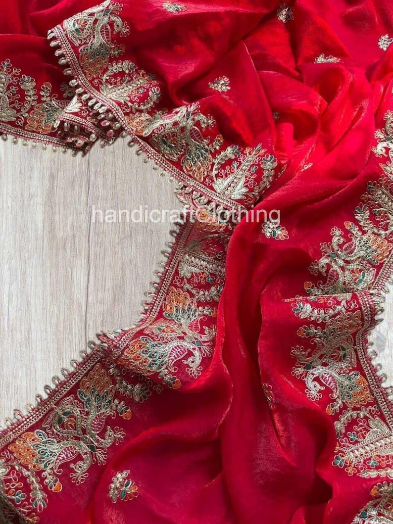 Emerald Satin Silk Saree, Floral Embroidered Border, Butti Work ...