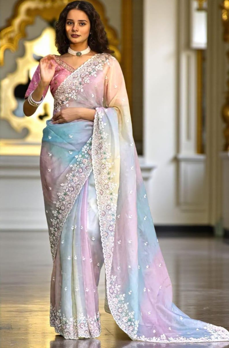 Pastel Rainbow Saree: Embroidered Satin Organza Leheriya Print - Etsy