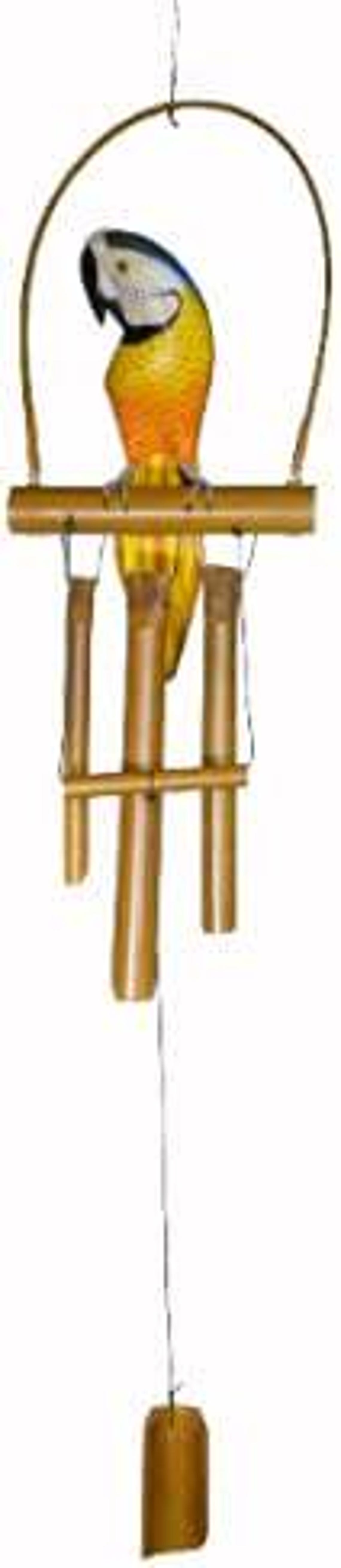 Hand Carved Bamboo Wooden PARROT Bird WIND CHIME Tropical Tiki Garden ...