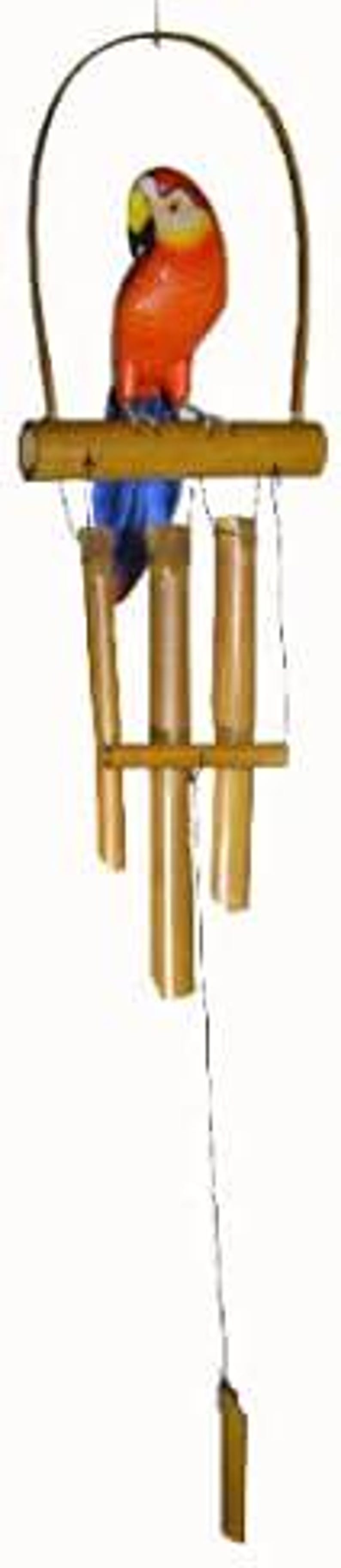 Hand Carved Bamboo Wooden PARROT Bird WIND CHIME Tropical Tiki Garden ...