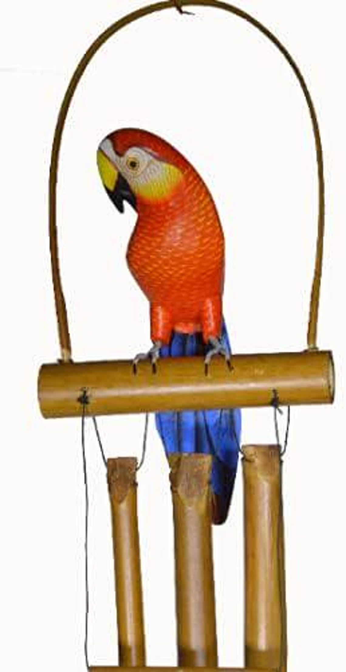 Hand Carved Bamboo Wooden PARROT Bird WIND CHIME Tropical Tiki Garden ...