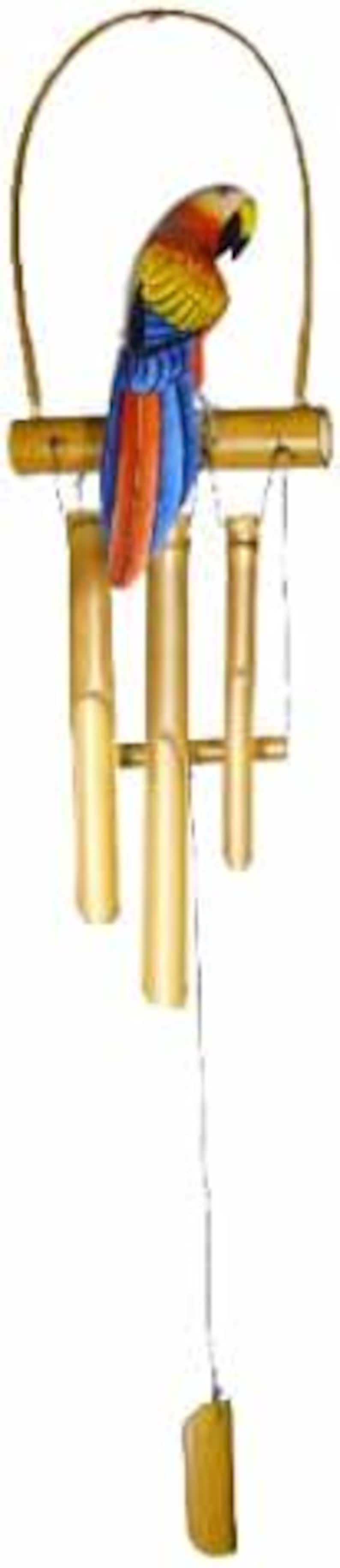 Hand Carved Bamboo Wooden PARROT Bird WIND CHIME Tropical Tiki Garden ...