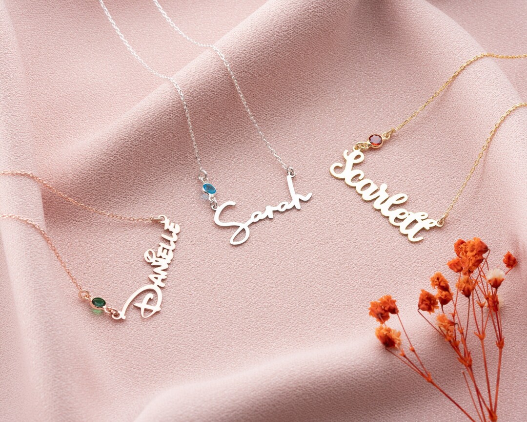 14K Solid Gold Name Necklace, Silver Birthstone Name Necklace, Real ...