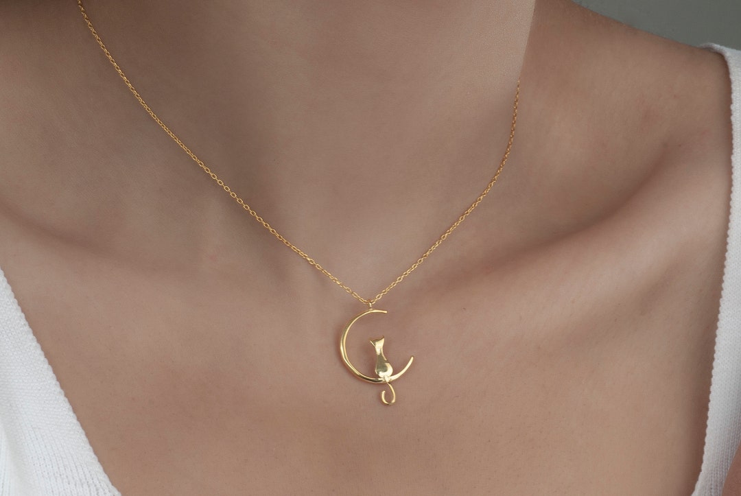 14K Gold Crescent Moon, Silver Cat Necklace, Celestial Feline Jewelry ...