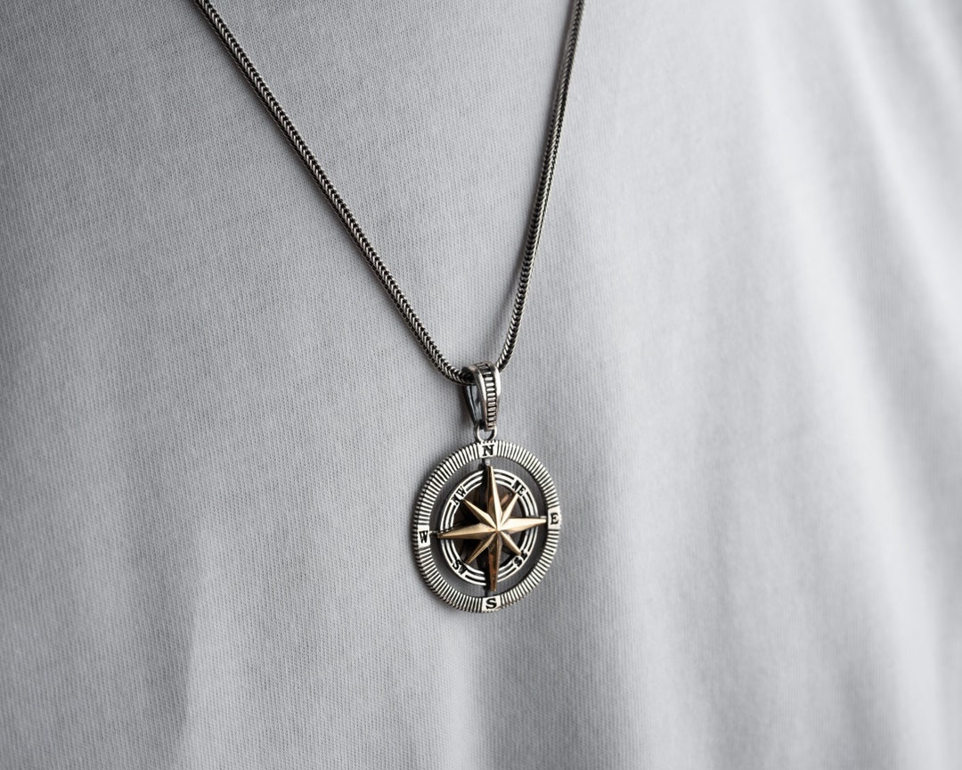 Handcrafted Sterling Silver Reversible Mens Compass Necklace, Men ...