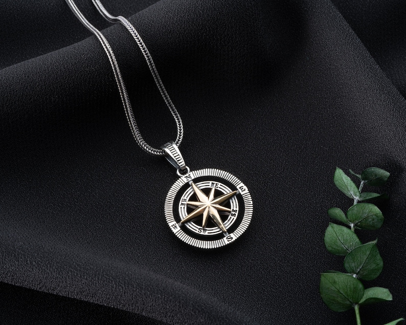 Handcrafted Sterling Silver Reversible Men's Compass Necklace, Men's ...