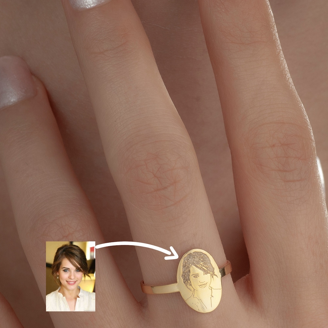 Personalized Photo Engraved Ring in 14K Gold, Silver Portrait Ring ...