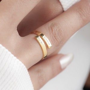 14K Solid Gold Custom Engraved Name Ring, Two Names Personalized Ring ...