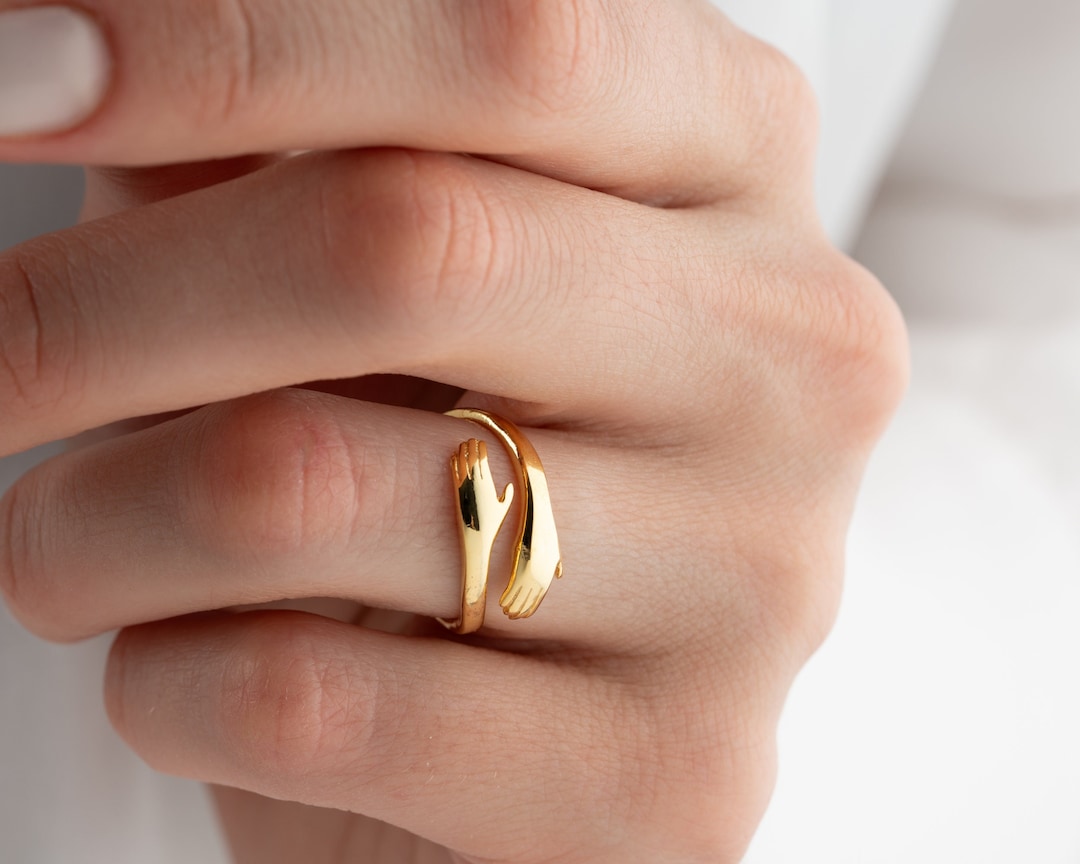 14K Gold Adjustable Love Hug Ring, Gold Embracing Hands Ring, 8K Solid ...