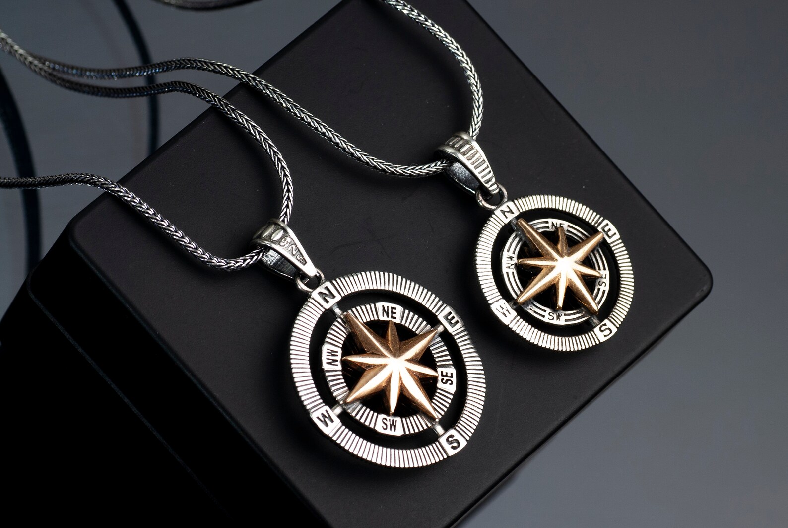 Sterling Silver Double Sided Men Compass Necklace, Unisex Compass ...