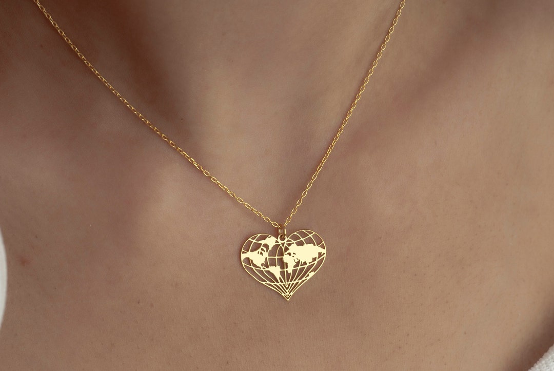 14K Gold Heart Shaped World Map Necklace, Explore Necklace, Adventure ...