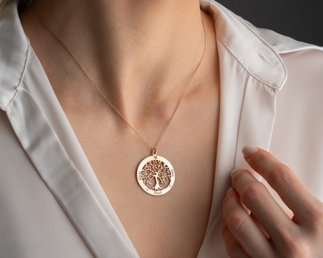 Tree of Life Necklace for Mom With Kids Names in 14K Gold, Personalized ...